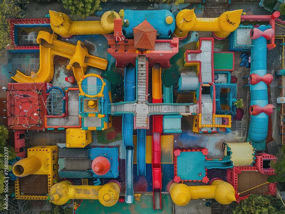 Aerial view of a Giant's Playground: Visualize a vast playground filled ...