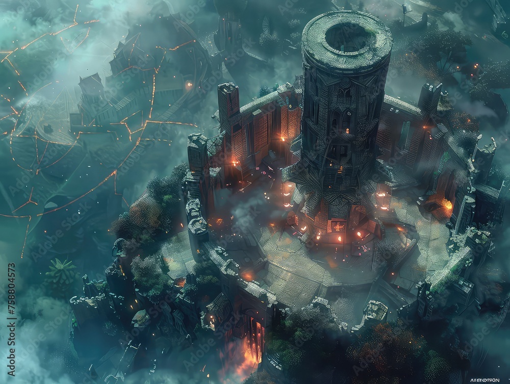 Aerial view of a Wizard's Tower: Visualize a towering wizard's tower ...
