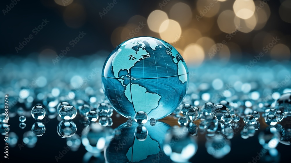 Water droplets forming the shape of continents on a globe, emphasizing ...