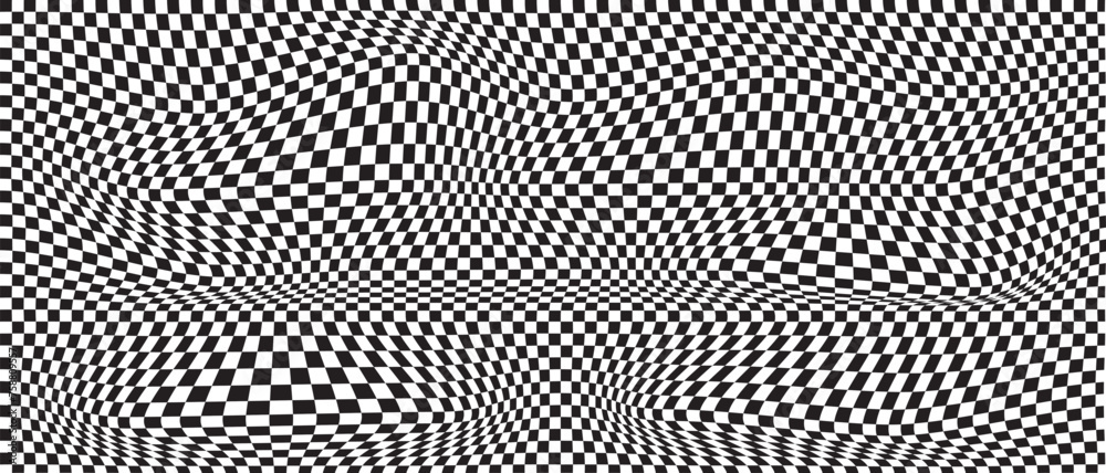 Distorted vector checkered seamless pattern. Groovy twisted grid ...