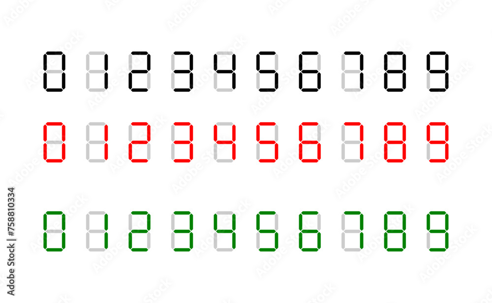 black, green and red digital numbers. Seven-segment display can be used in digital clocks ...