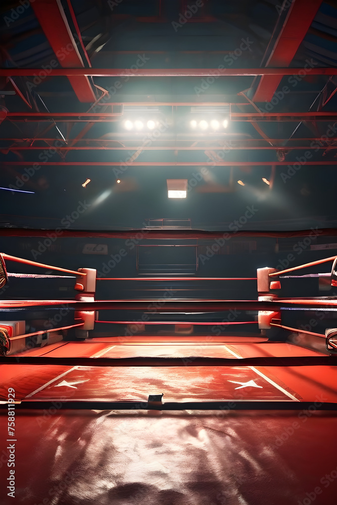 Martial arts match boxing ring stage inside a stadium with spotlights ...