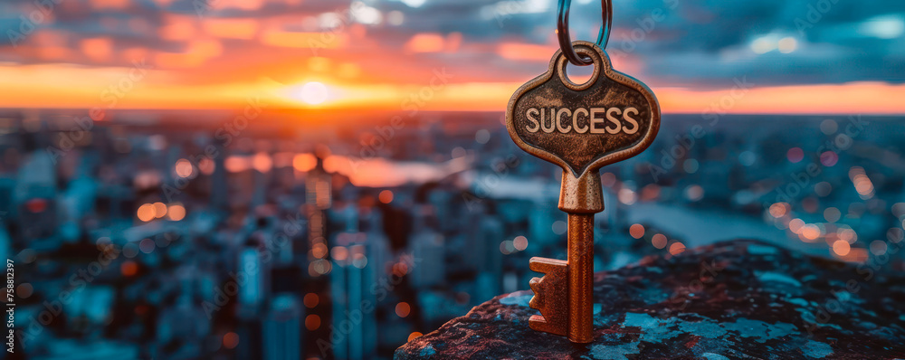 Golden key with a tag labeled SUCCESS held up against a sunset ...