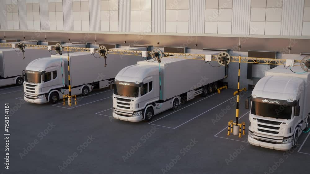 Generic electric semi trucks with cargo trailer charging at loading ...