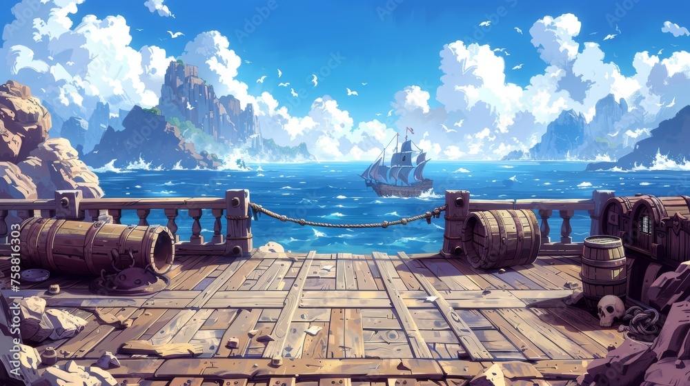 Onboard view of pirate ship wooden deck, boat with cannon, wood boxes ...
