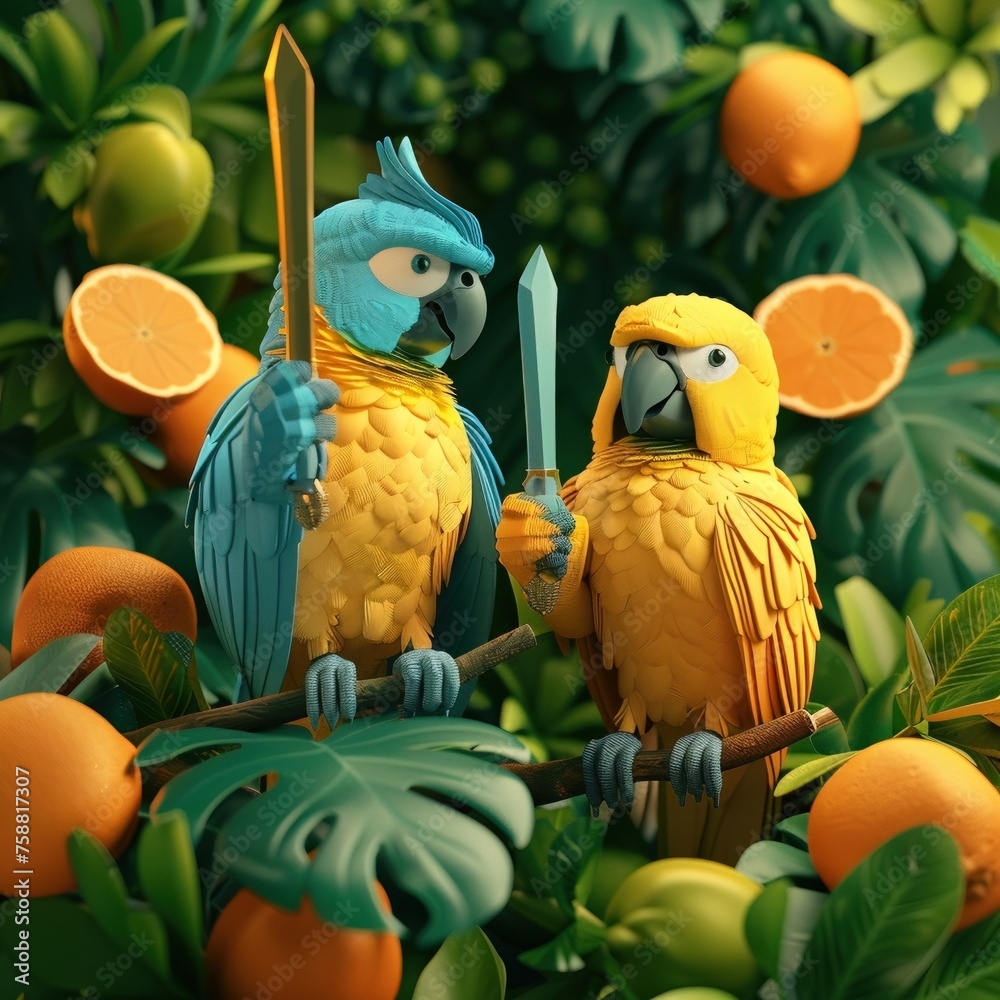 Parrots with electric blue and golden yellow hues playfully wielding ...