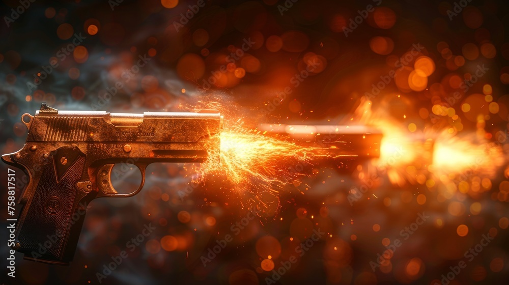An explosion of gunfire with smoke and fire. Modern realistic set of ...