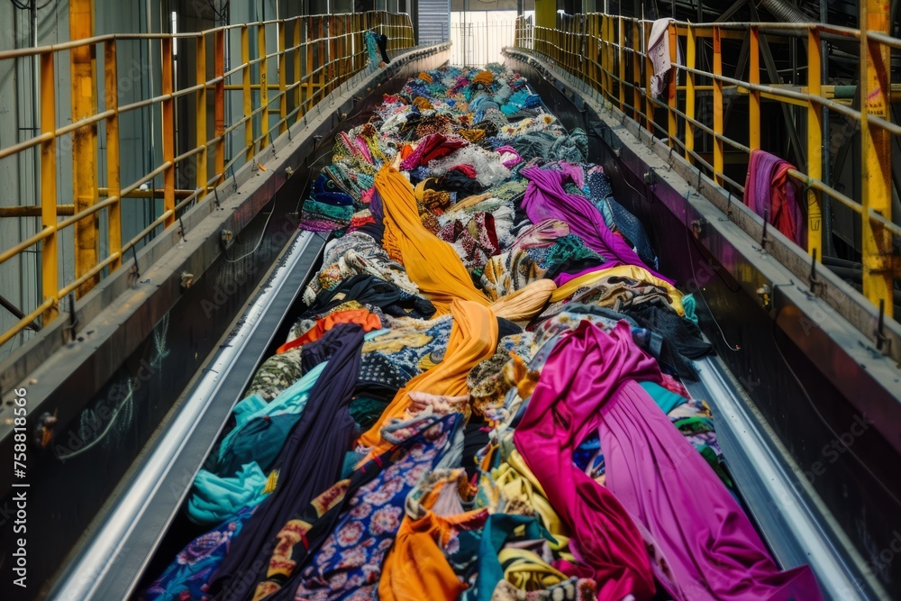 A conveyor belt overloaded with discarded textiles and clothing ...