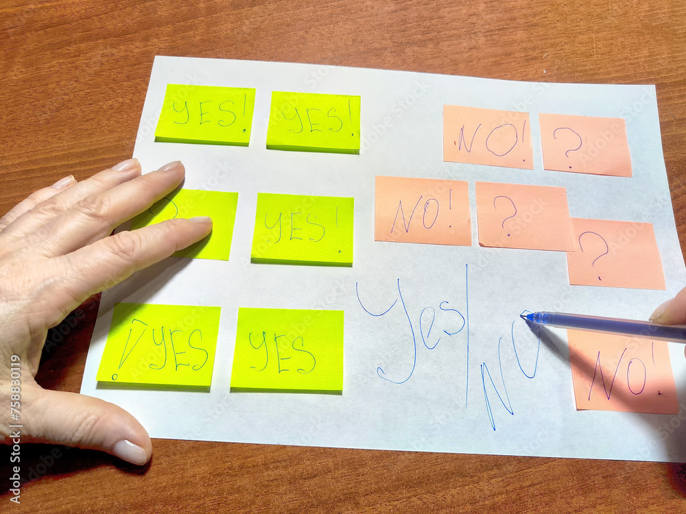Decision-Making Process With Sticky Notes on Table. A person is ...