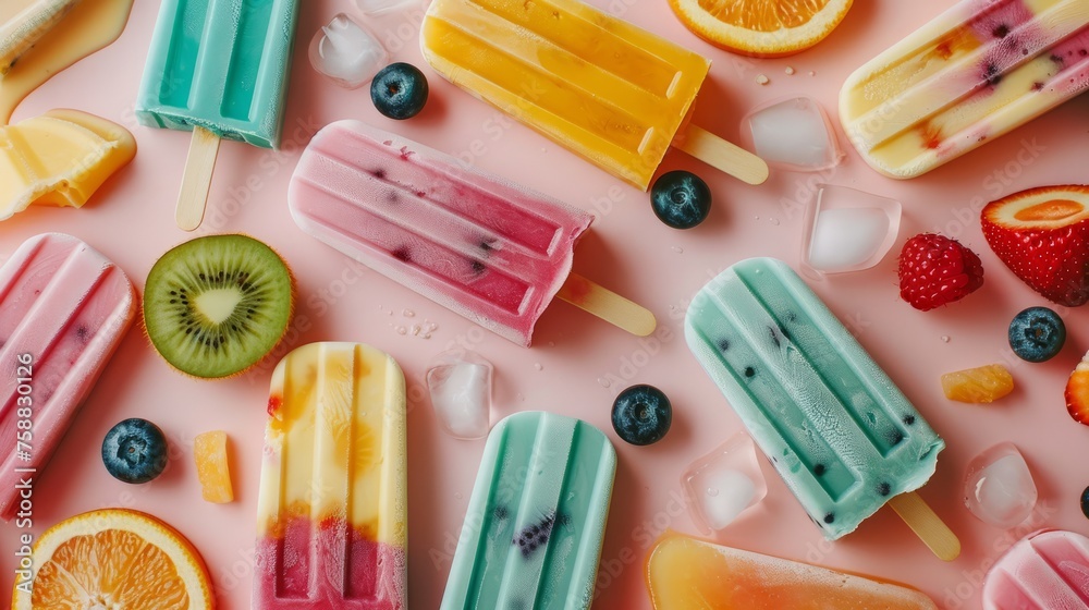 Lots of ice cream on the shelf lying on the surface and melting. An ...