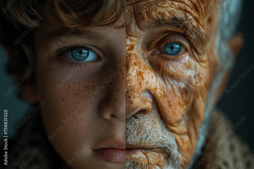 Face divided into two halves - one half of kid boy and half of old man ...