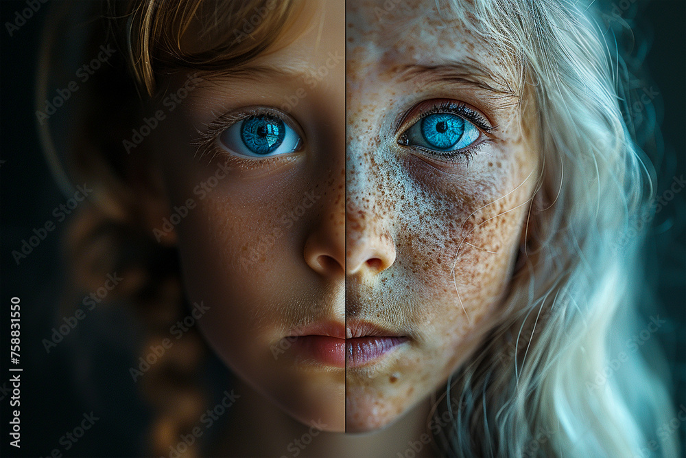Face divided into two halves - one half of little girl and half of old ...
