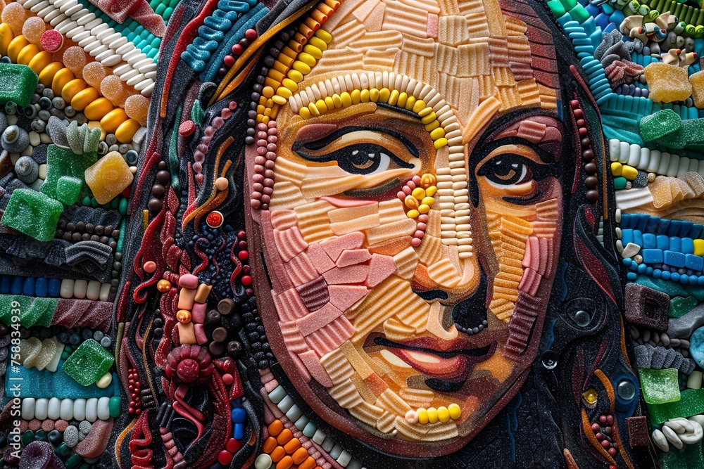 Mona Lisa composed entirely of candy and gum. Hard candies of various ...