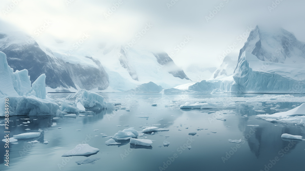 Landscape blue ice shards and snow covered shoreline Lake arctic ...