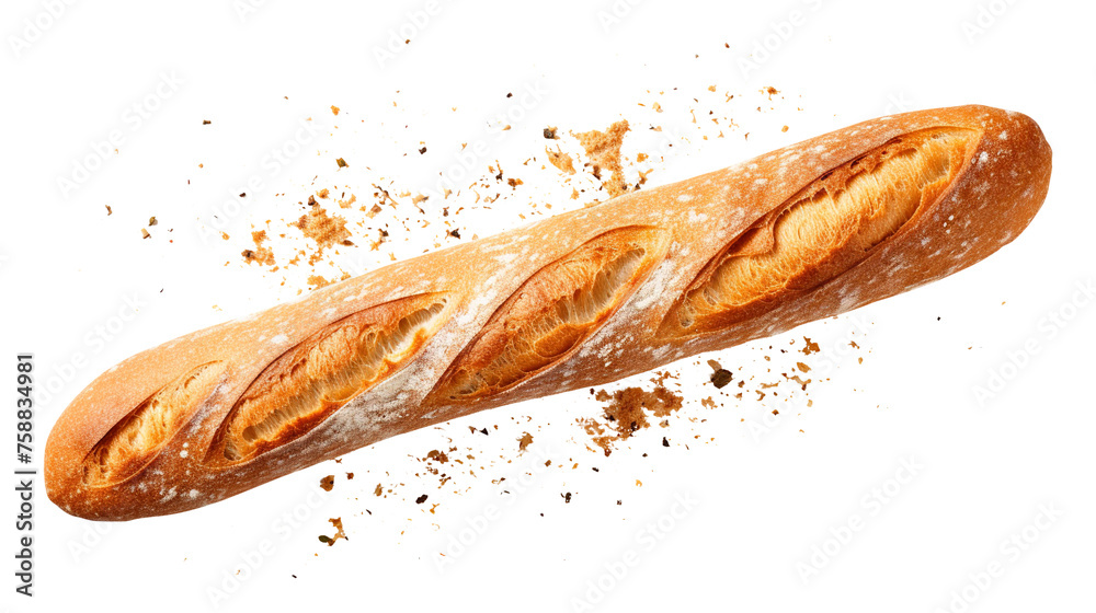 Baguette bread with falling crumbs isolated on transparent background ...