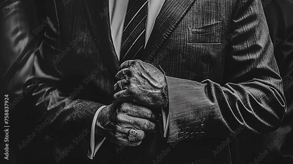 A man in formal attire, wearing a suit and tie, clasping his hands ...