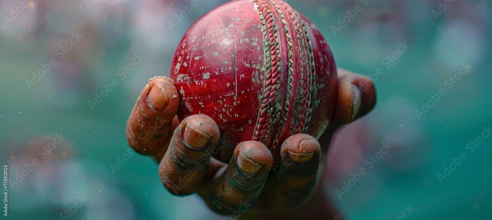 Close up cricket players hands in action gripping bat or ball with ...