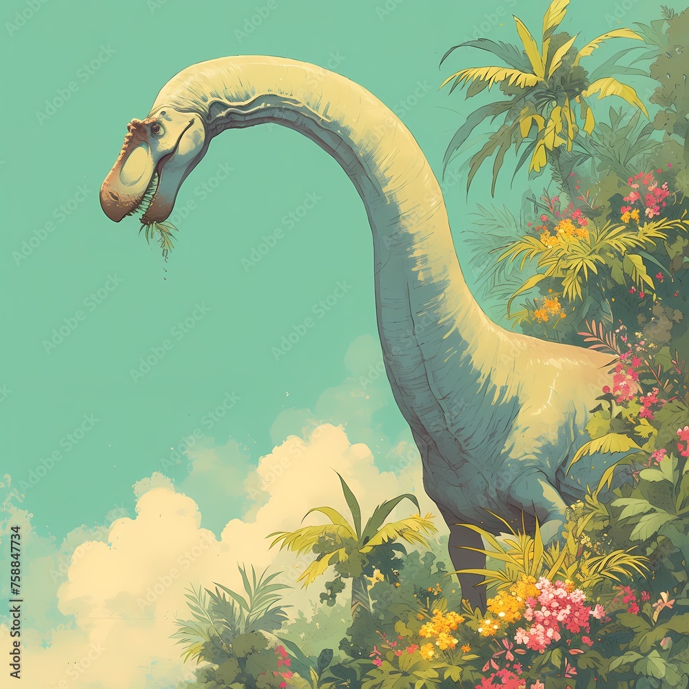 Breathtaking view of a towering Brontosaurus feeding from the canopy of ...