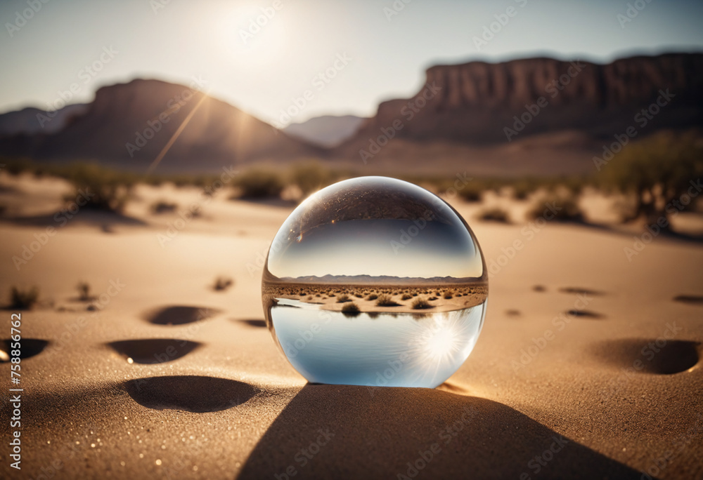 A water-filled orb in a desert with intricate lighting and texture ...