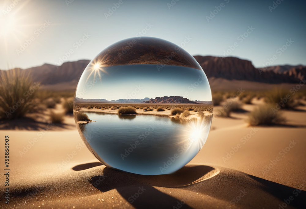 A water-filled orb in a desert with intricate lighting and texture ...