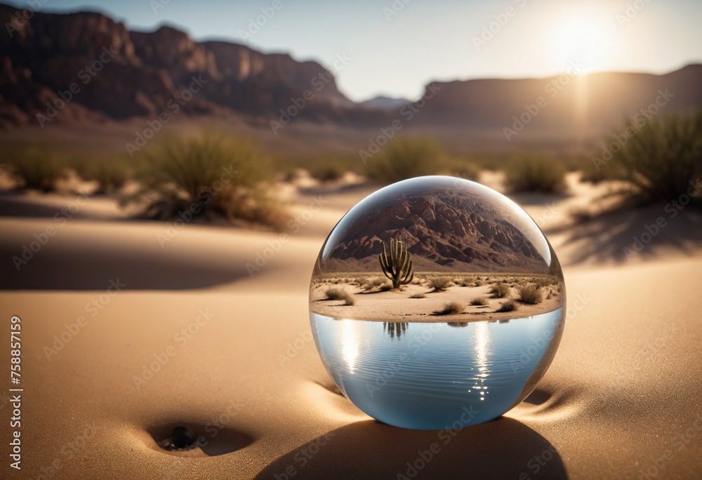 A water-filled orb in a desert with intricate lighting and texture ...