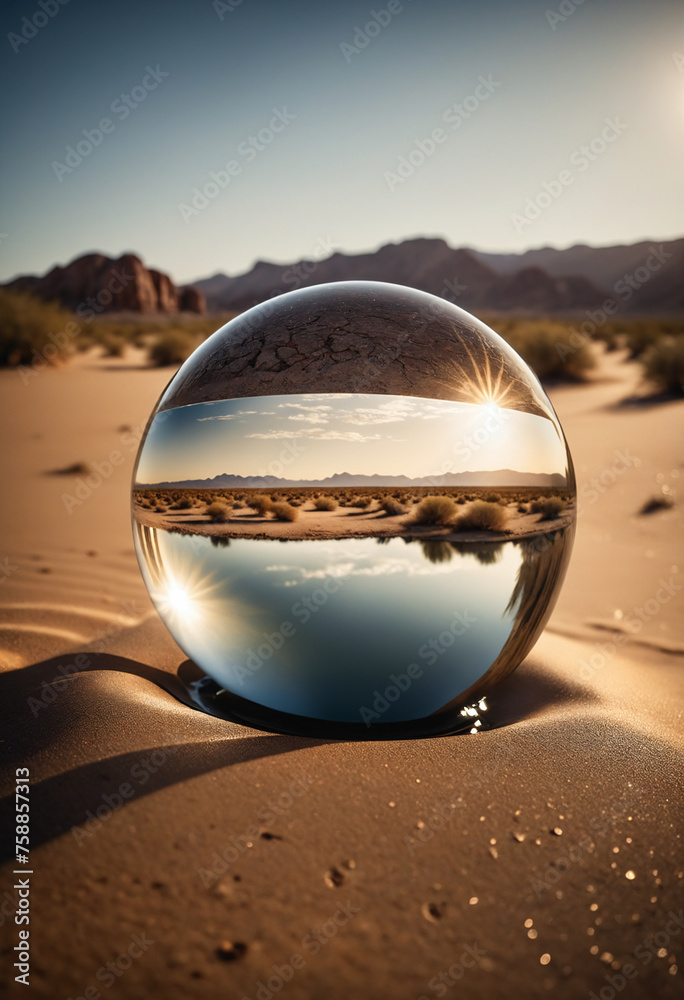 A water-filled orb in a desert with intricate lighting and texture ...