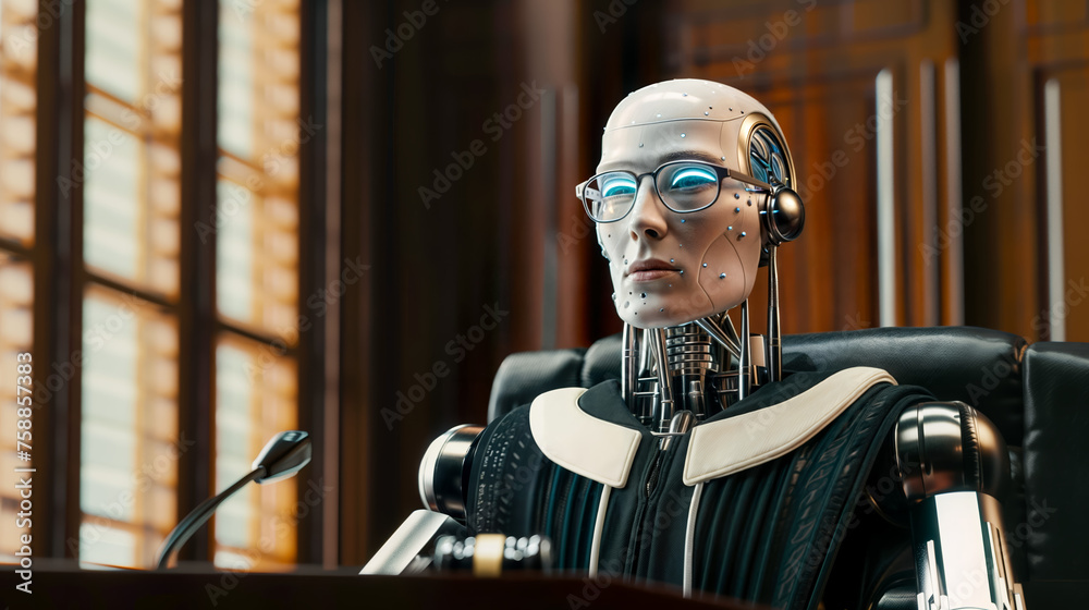 AI robot in judge robes sits in courtroom, symbolizing integration of artificial intelligence ...