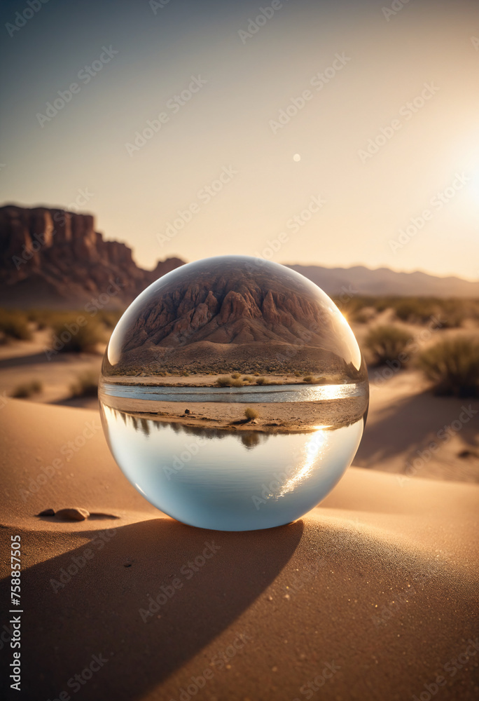 A water-filled orb in a desert with intricate lighting and texture ...