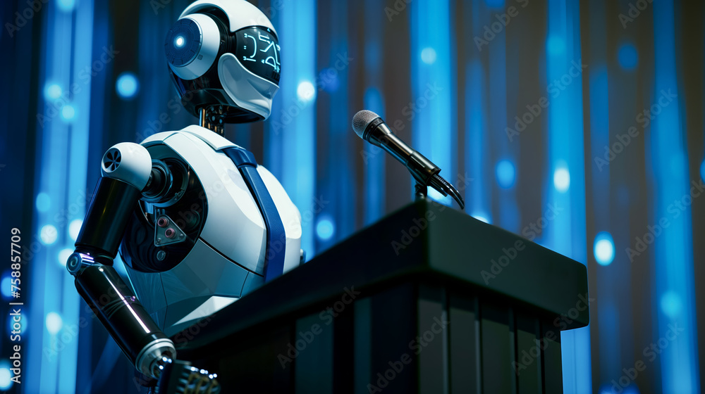 Politician / businessman AI robot with tie stands at podium, giving a ...