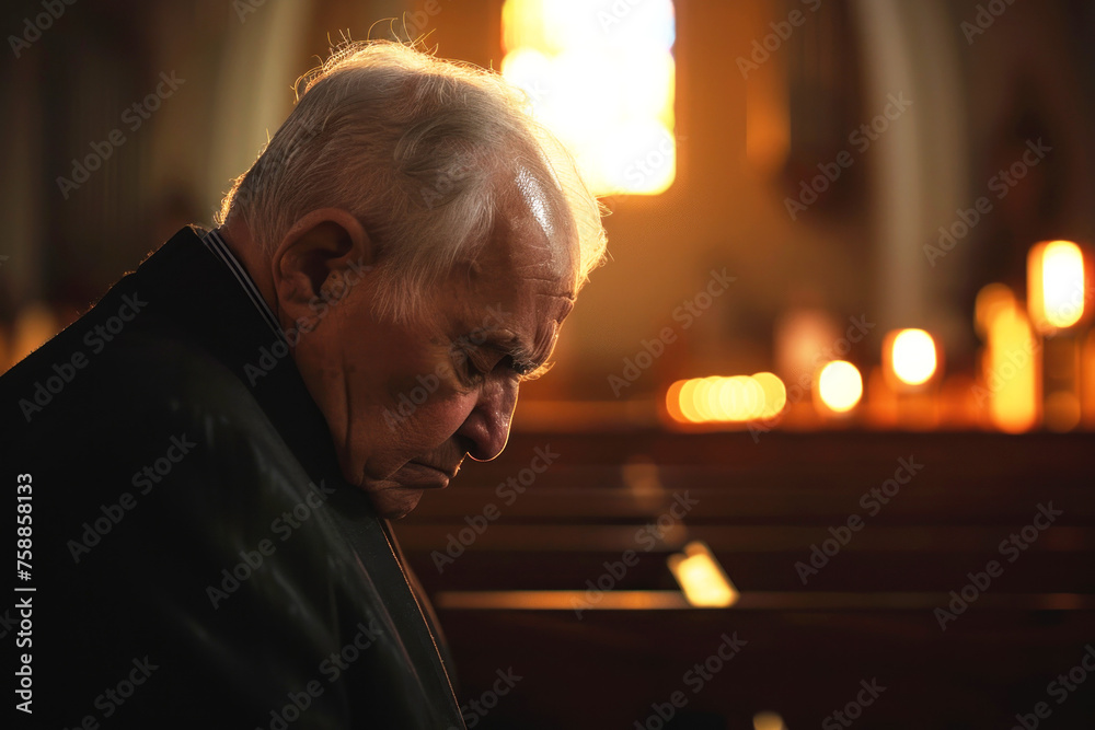Sad, funeral and elderly man crying in church for God, holy spirit or ...