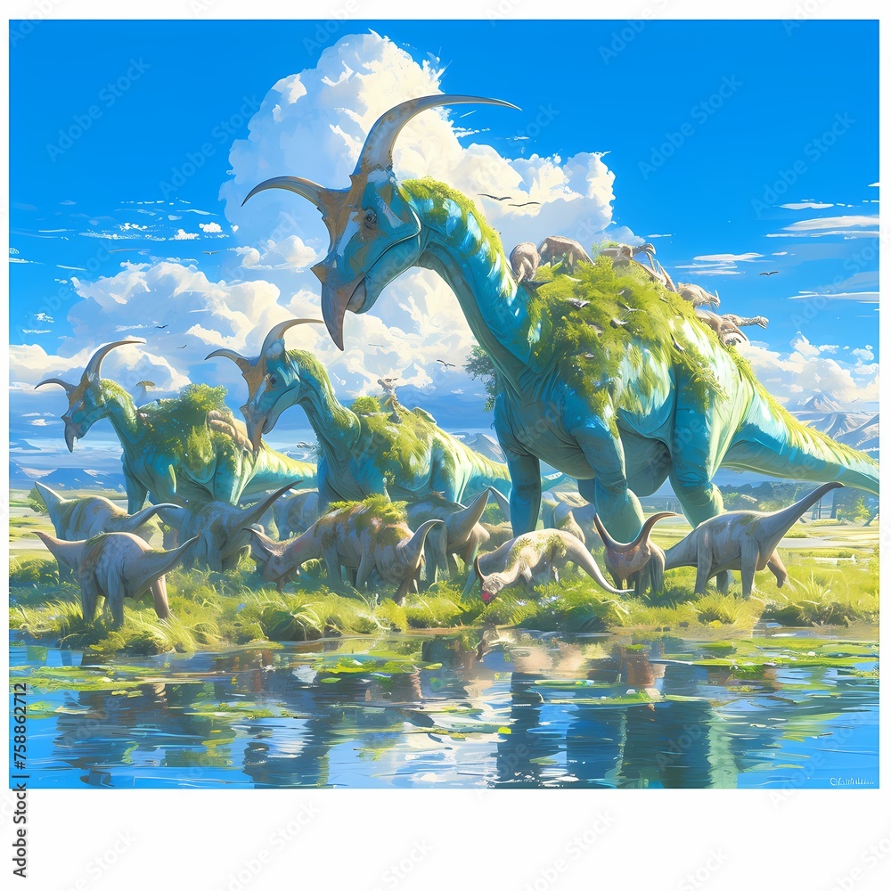 Vibrant and Dynamic Dinosaur Scene: A Group of Parasaurolophus Roam a ...