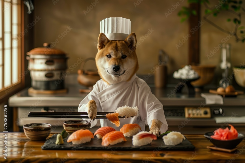 Shiba inu dog dressed as sushi chef working at restaurant kitchen ...