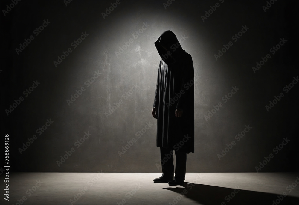 Solitary figure shrouded in shadow with dim lighting reflecting the ...