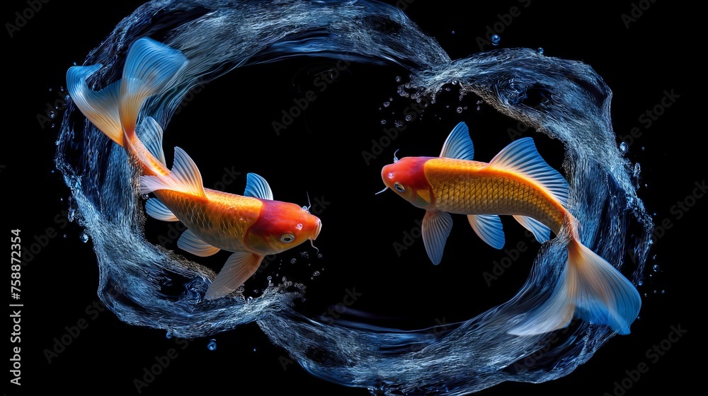 two koi fish swimming in a circle in a dark background. forming a yin ...