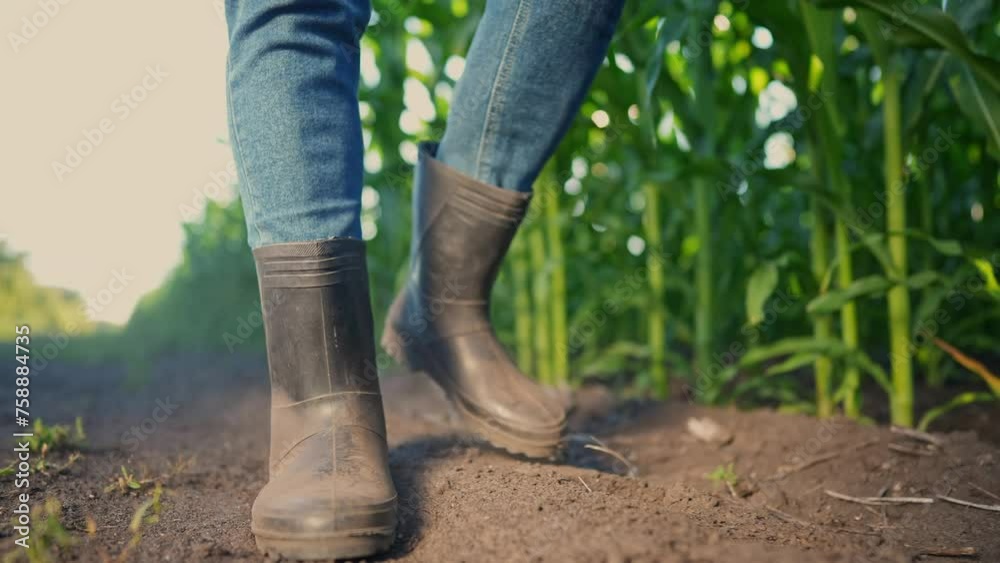 Vidéo Stock corn farming. a farmer walks next to a field of corn close ...