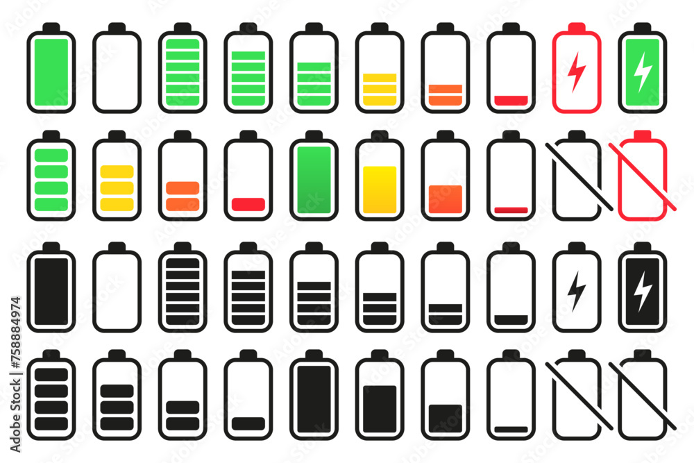 Battery charging level icon collection. Set of discharged and fully ...