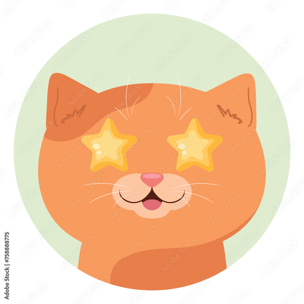 Cartoon red tabby cat with stars in his eyes. The cat is delighted and ...