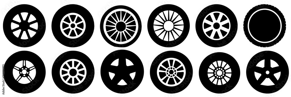 Tire rim silhouettes set, large pack of vector silhouette design ...