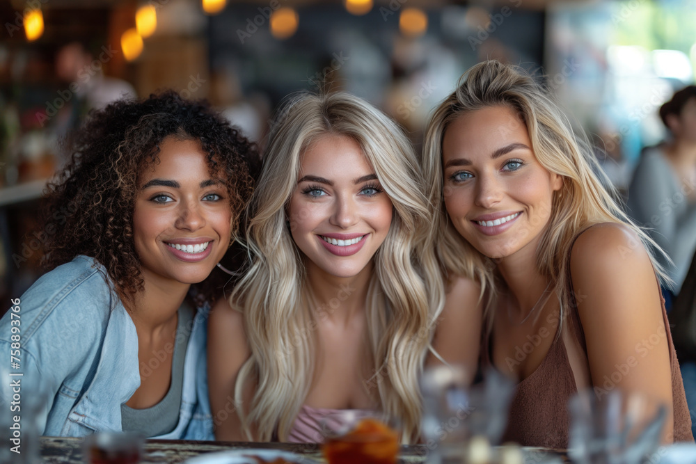 Three cute girls of different races: one African-American, a brunette with a bouffant hairstyle ...