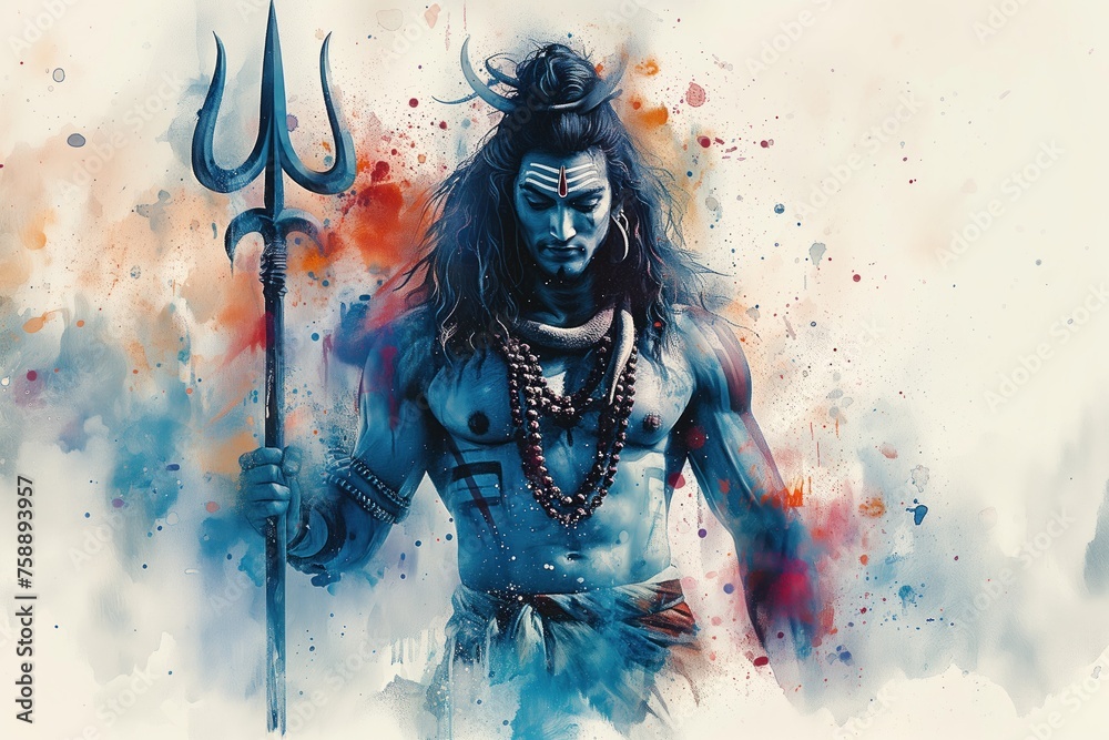Hindu lord Shiva with the legendary trishula trident, in muscular ...