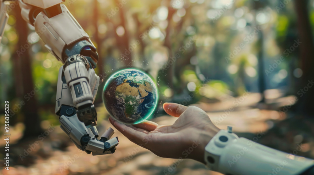 This evocative image shows a robotic arm and a human hand reaching out ...