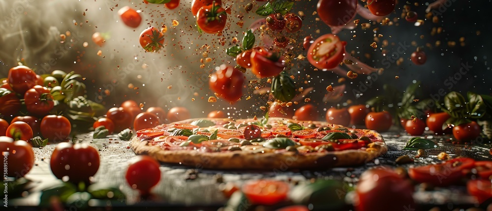 An animated 3D pizza being topped by a swarm of ingredients in mid-air ...
