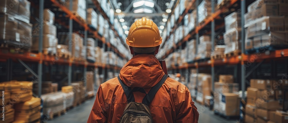 Warehouse workers wearing hardhats and reflective jackets standing in ...