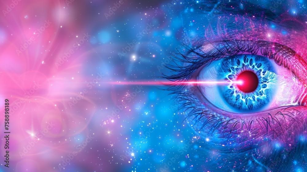 Human eye with a laser beam directed onto it, precision and high ...