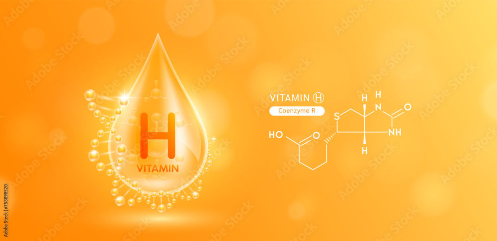 Drop water serum solution vitamin H or Coenzyme R surrounded by DNA and ...