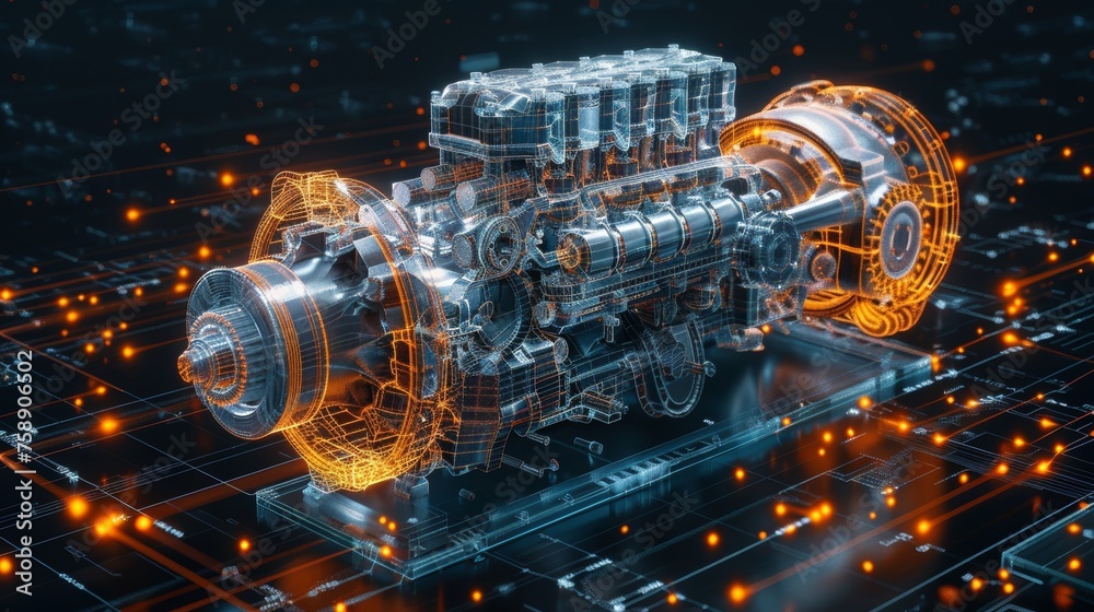 An illustration of a piston engine car on a black background with gear ...