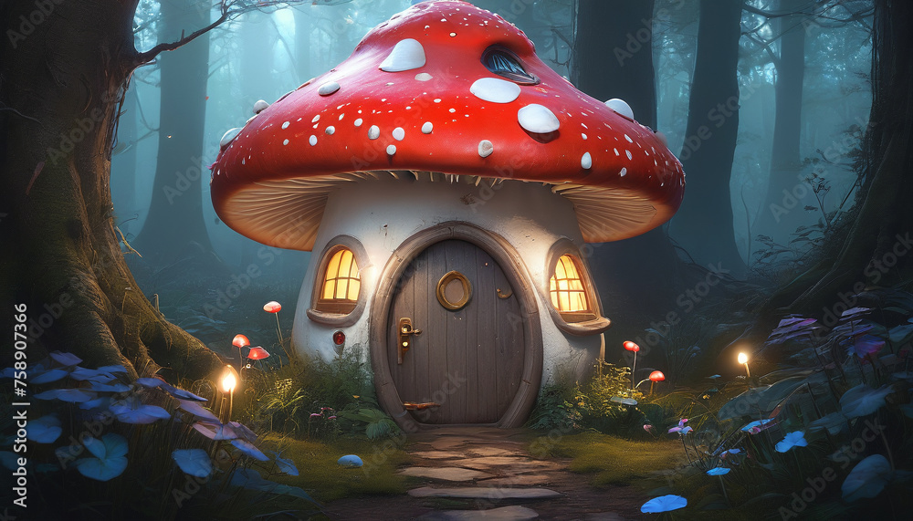 Mushroom-shaped house in the middle of the forest. Home for elves and ...