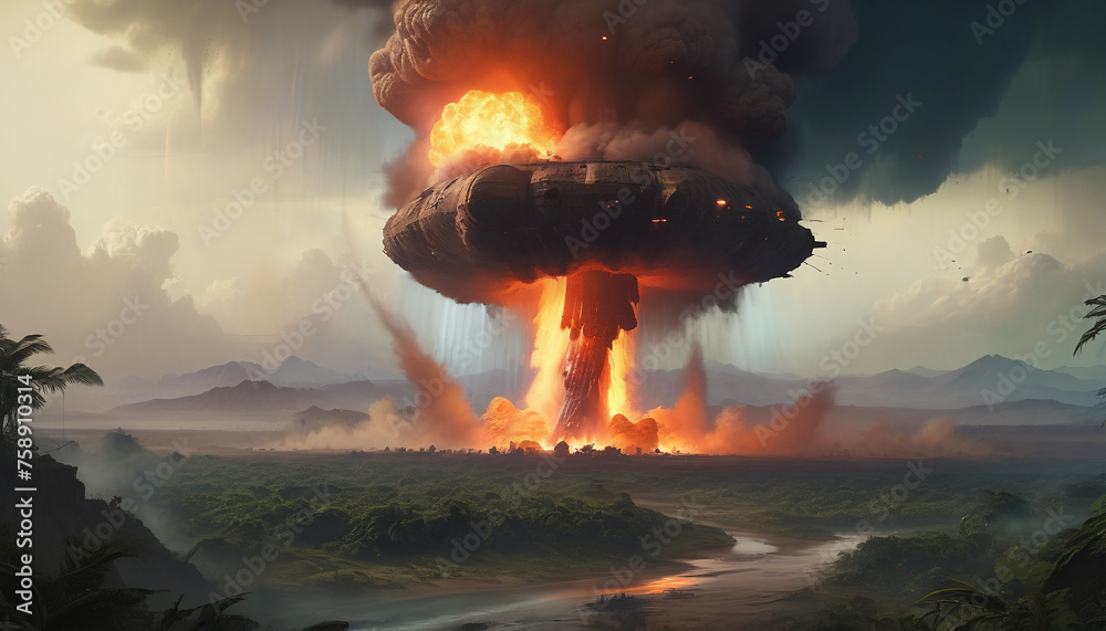 War scarecrow. Atomic bomb explosion in the jungle. Stock Illustration ...