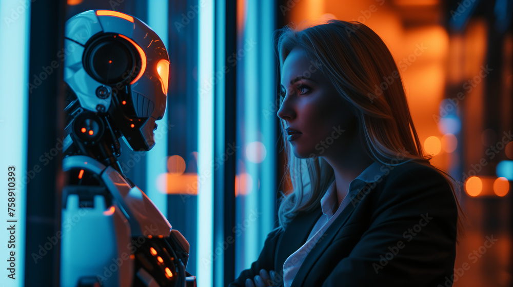 Futuristic Encounter with Human and Robot. Woman interacts with a ...