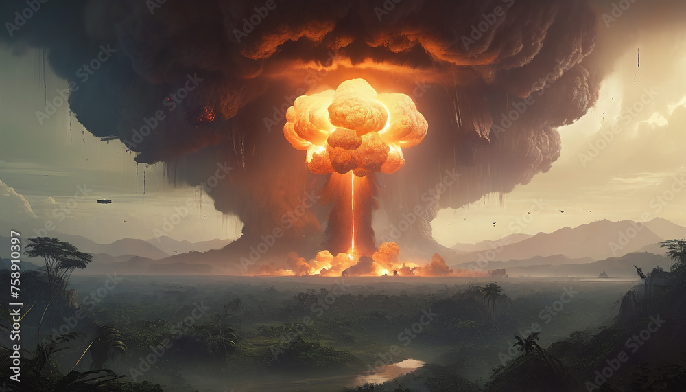 War scarecrow. Atomic bomb explosion in the jungle. Stock Illustration ...